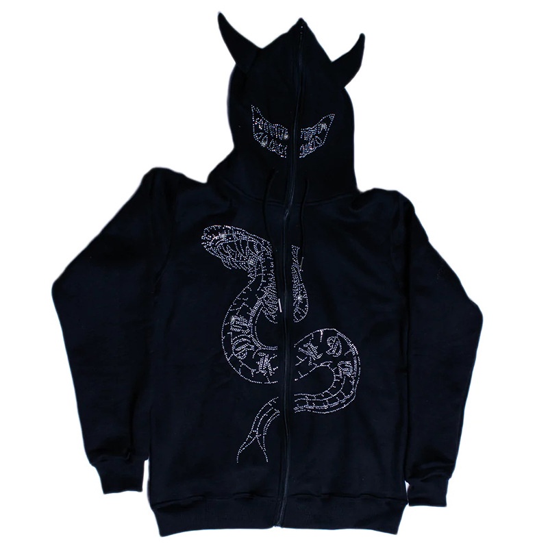 Y2K Rhinestone graphics devil snake zip Sudadera Con Capucha Sudaderas De Los Hombres Harajuku ...