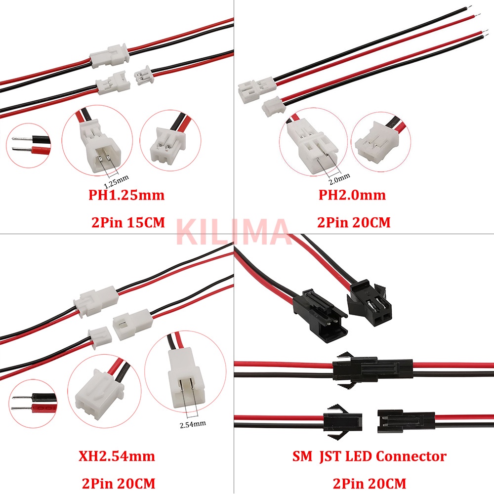 10 Pares Conector De Enchufe De 2 Pines JST 1.25mm/PH 2.0mm/XH 2.54mm/SM Macho Hembra Cable De ...
