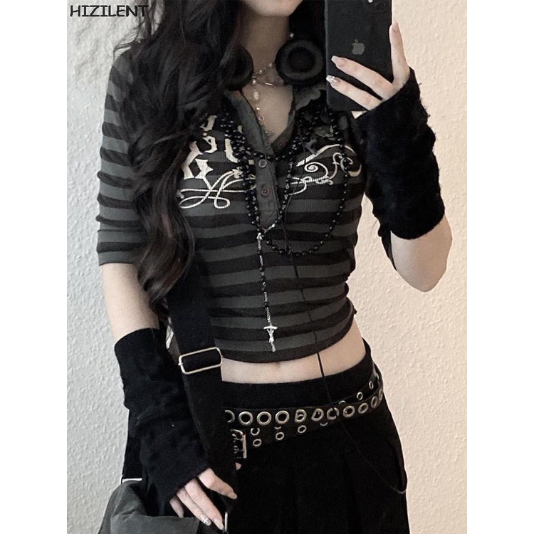 Goth Impresión Tops Raya Lindo Y2K Camisetas Oscuro Academia Techwear ...