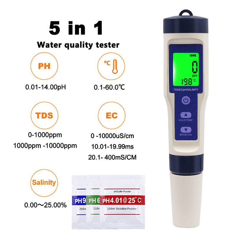 Probador De PH 5 En 1 TDS/EC/Salinidad/Medidor De Temperatura Digital Monitor De Calidad Del ...
