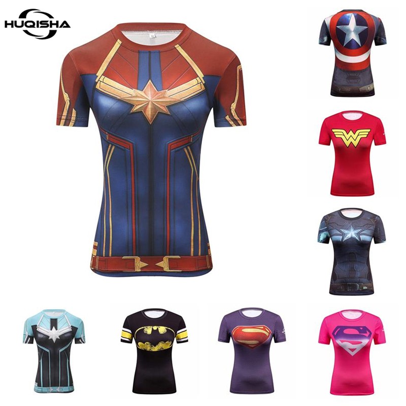 Nuevo Superhéroe Capitán Marvel Compresión Mujeres T-shirt Moda Secado ...