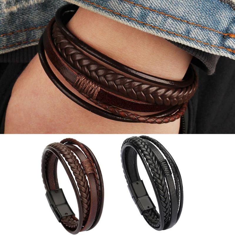 Pulsera De Cuero Para Hombre Gues Con Cierre Magnético Multicapa De ...