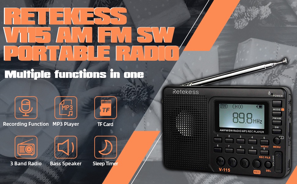 Retekess V115 Portátil AM FM Radio Y Reproductor MP3 Con Soporte De Onda Corta Tarjeta Micro SD ...