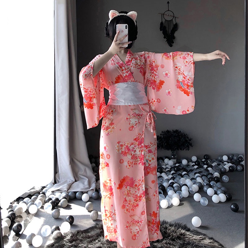 Japonés Kawaii Rosa Kimono Blanco Lazo Nudo Cintura Tanga Sexy Lencería Cosplay Disfraces Mujer ...
