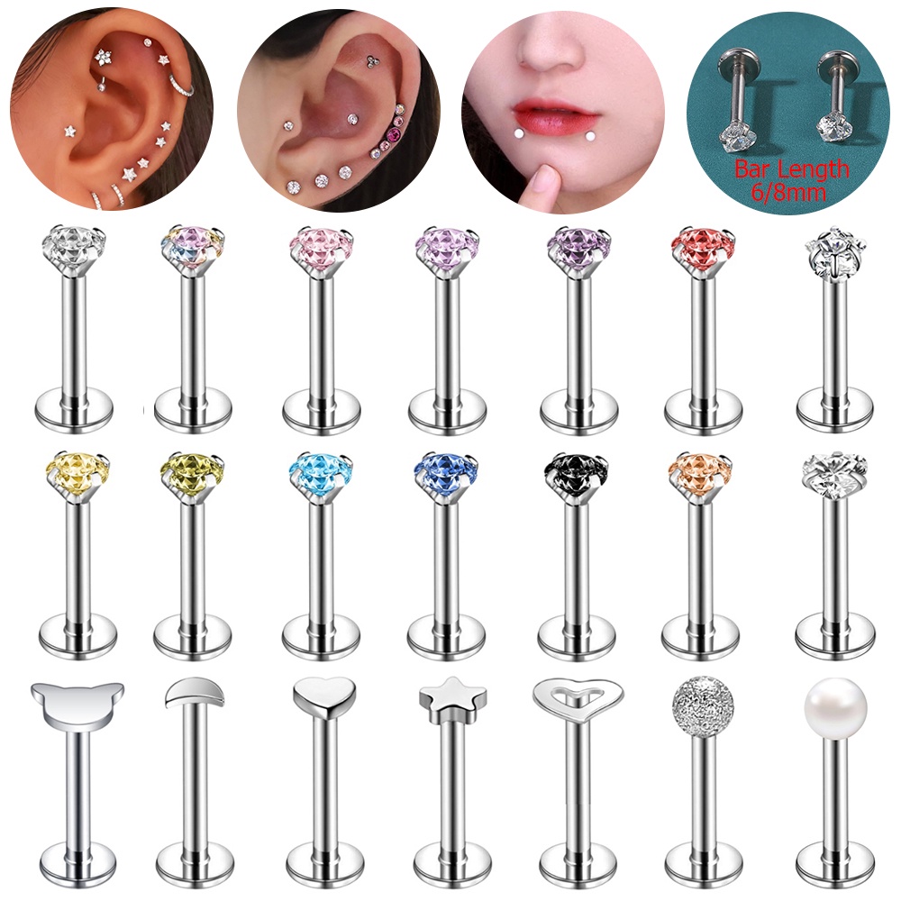 1 Pieza 6/8mm Color Cristal Labret Piercing Acero Inoxidable Labio ...