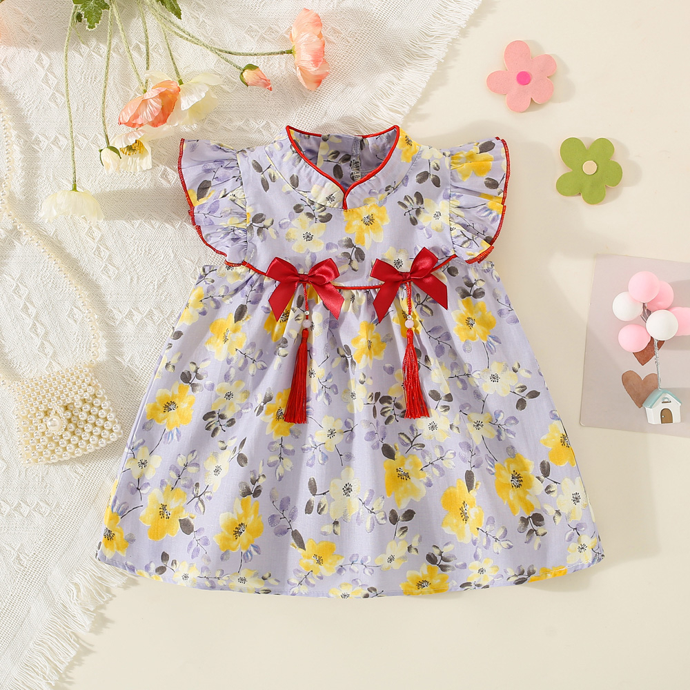 Vestido De Bebé Con Estampado De Flores Amarillas Lazo , Manga Voladora ...