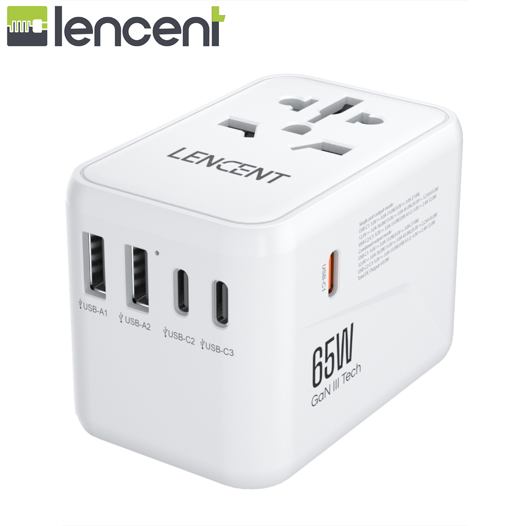 LENCENT GaN III 65W Adaptador De Viaje Universal , Cargador Internacional Con 2 Puertos USB Y 3 ...