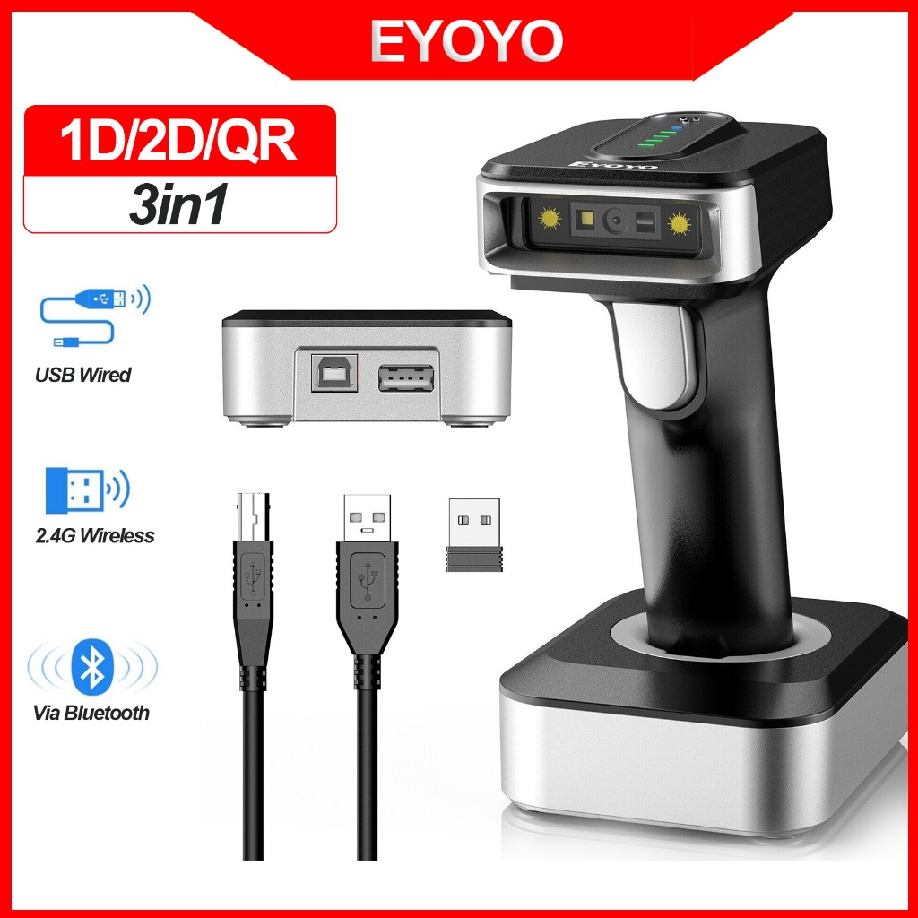 EYOYO 1D 2D Escáner De Código De Barras 3en1 A Través De Bluetooth 2.4G Inalámbrico USB Con ...