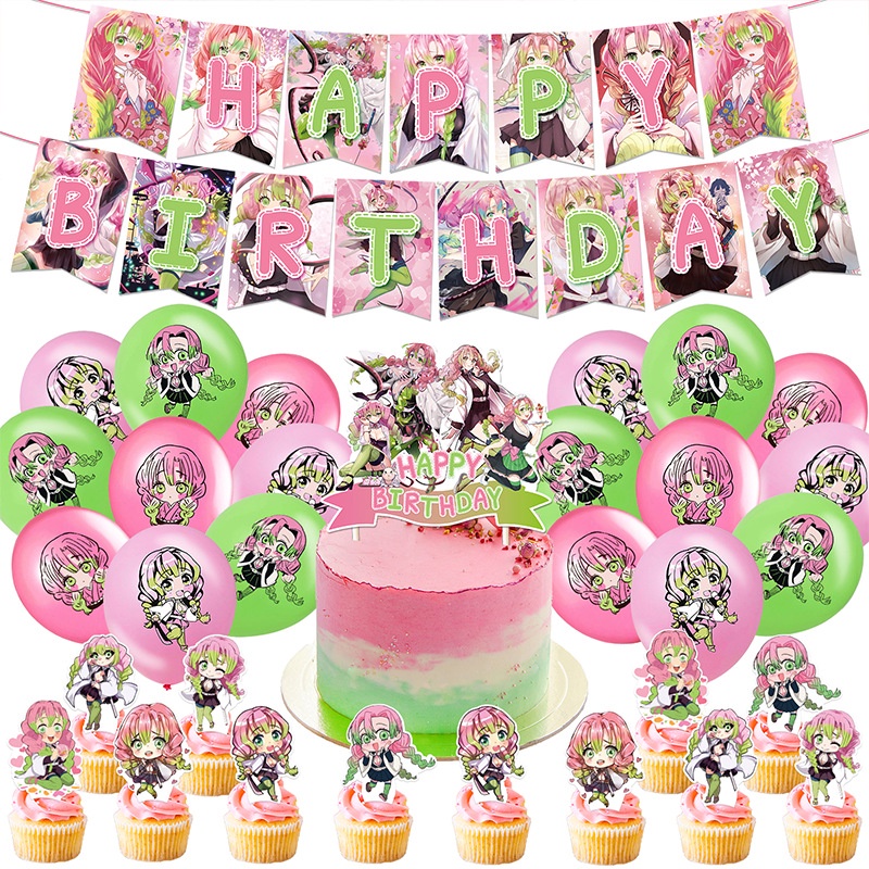Juego De Decoración De Fiesta De Demon Slayer Kanroji Mitsuri Feliz Cumpleaños Banner Cake 