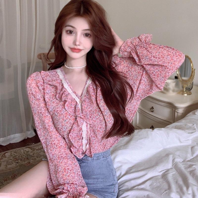 Moda Mujeres Coreanas Blusa Floral Encaje Gasa Camisa Verano Delgado ...