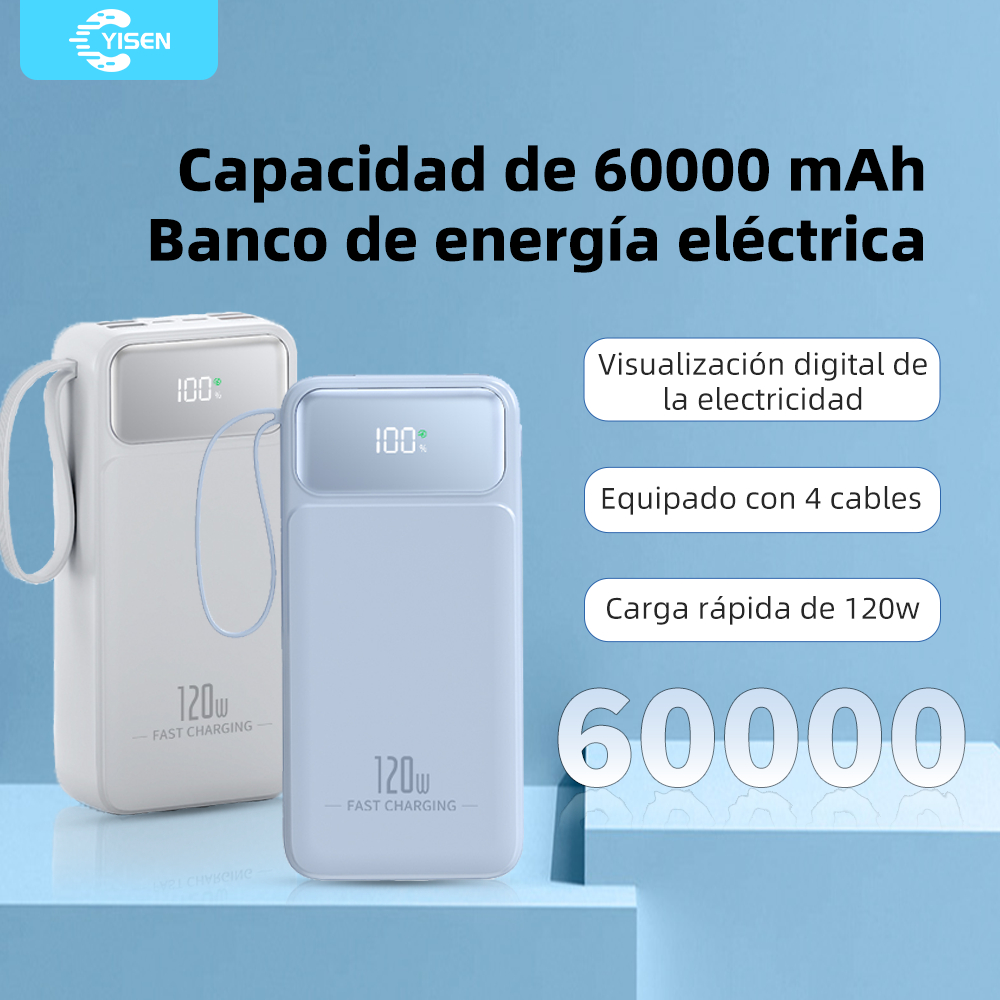 YISEN Power Bank Batería Portátil 60000mah Carga rápida de120W 4 cables incorporados Pantalla ...