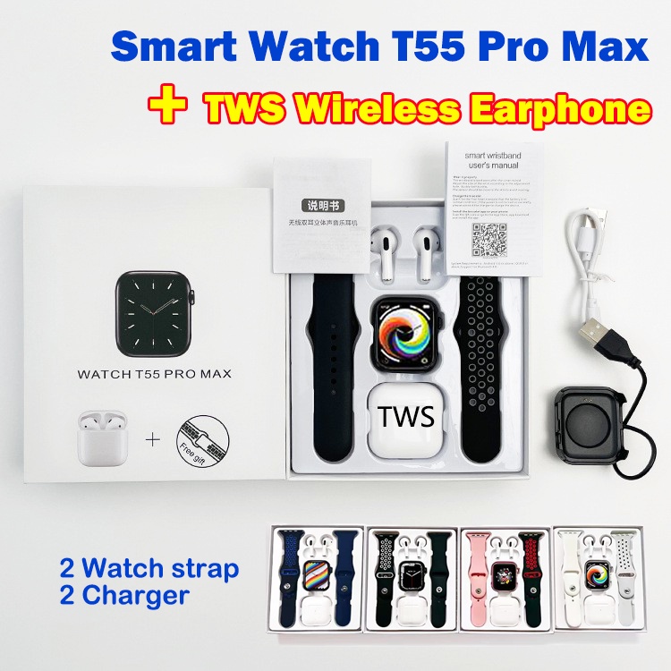 Nuevo 2022 T55 Pro Max Smartwatch TWS Auricular 2 En 1 Llamada Bluetooth 1.71 Pulgadas Reloj ...