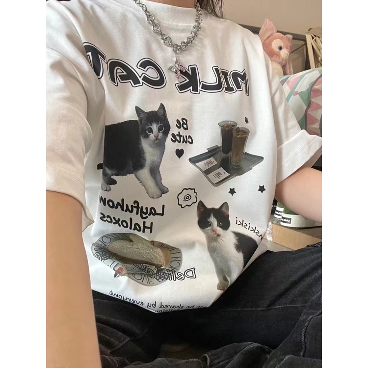 Harajuku Gato Y Perro Impresión O-Cuello Camiseta Y2K casual streetwear ...