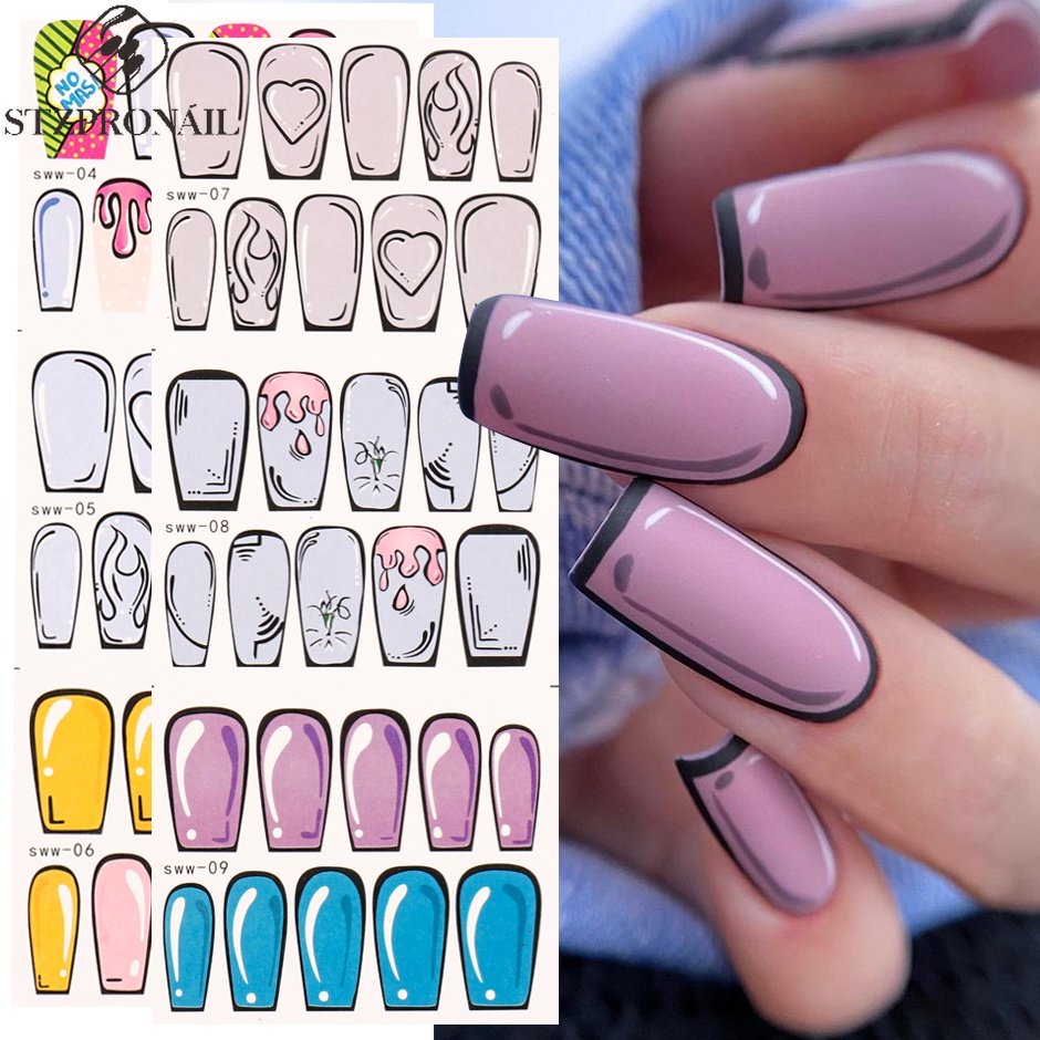 12pcs Diseno De Unas De Comic Pop Art Inspiration Slider Para Decoracion Corazon Fuego Simple Pegatina Conjunto De Agua De Dibujos Animados Manicura Shopee Mexico