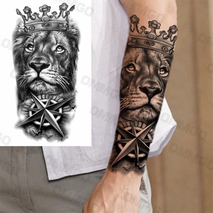 Tatuaje Temporal-Pegatina De Corona De Brújula De León A Prueba De Agua , Arte Corporal Realista ...