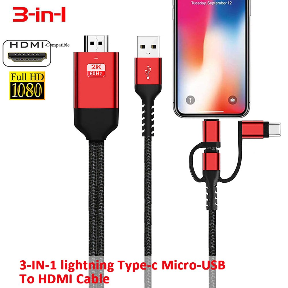 Adaptador De Cable HDMI 3 En 1 USB C/Lightning/Micro MHL A Espejo Teléfono TV/Proyector/Monitor ...