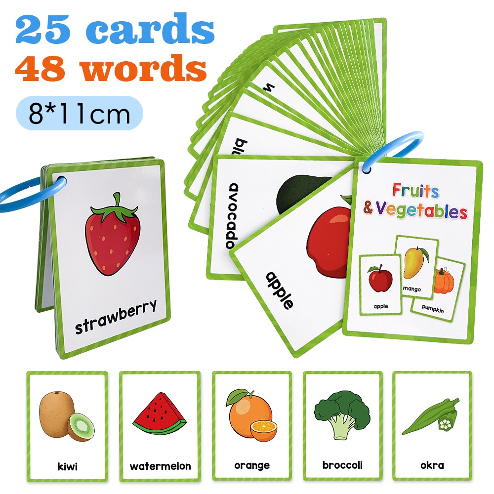 25Pcs Frutas Verduras Tarjetas Flash Para Niños Bebé Aprendizaje Vocabulario Palabras En Inglés ...