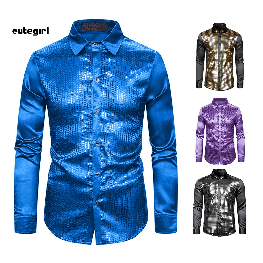 Cum Men Camisa Club De Baile De Lentejuelas Brillantes Solapa De Un