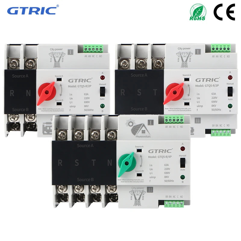 Interruptor de Transferencia Automática de Doble Potencia GTRIC 2P 3P 4P Riel Din 220V AC 63A ...