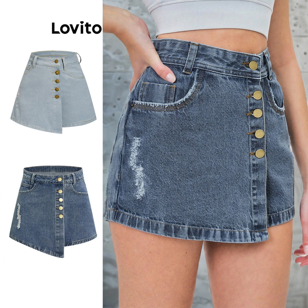 Lovito Pantalones Cortos De Mezclilla Lavados Con Pinchos Asimétricos ...