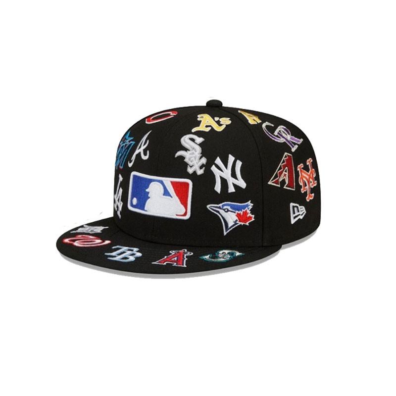 MLB All Over Team Logo Sombrero Ajustado Negro Para Hombres Y Mujeres ...
