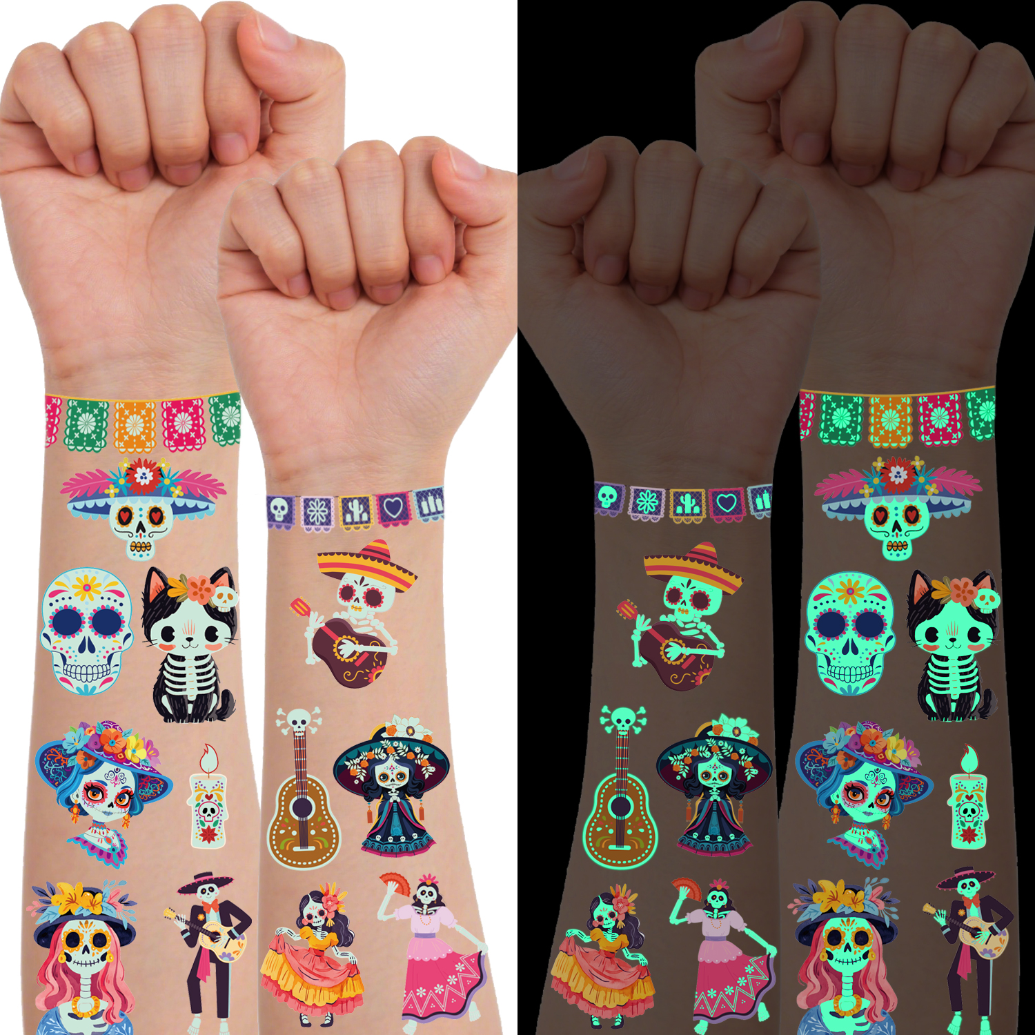 Calcomanías de tatuajes temporales luminosos del Día de los Muertos ...
